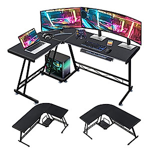 dreamlify Reversible L-Shaped Modern Gaming Pull-Out Keyboard Tray Corner CPU Stand Computer Desk for Home Office Workstation Space Saving, Black