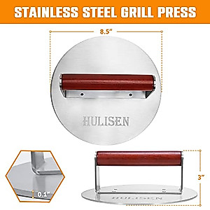 HULISEN Stainless Steel Bacon Press, 8.5-Inch Round Heavy-Duty Grill Press with Wood Handle, Non Stick Large Burger Press, Griddle BBQ Accessories for Steak Weight, Panini Sandwich