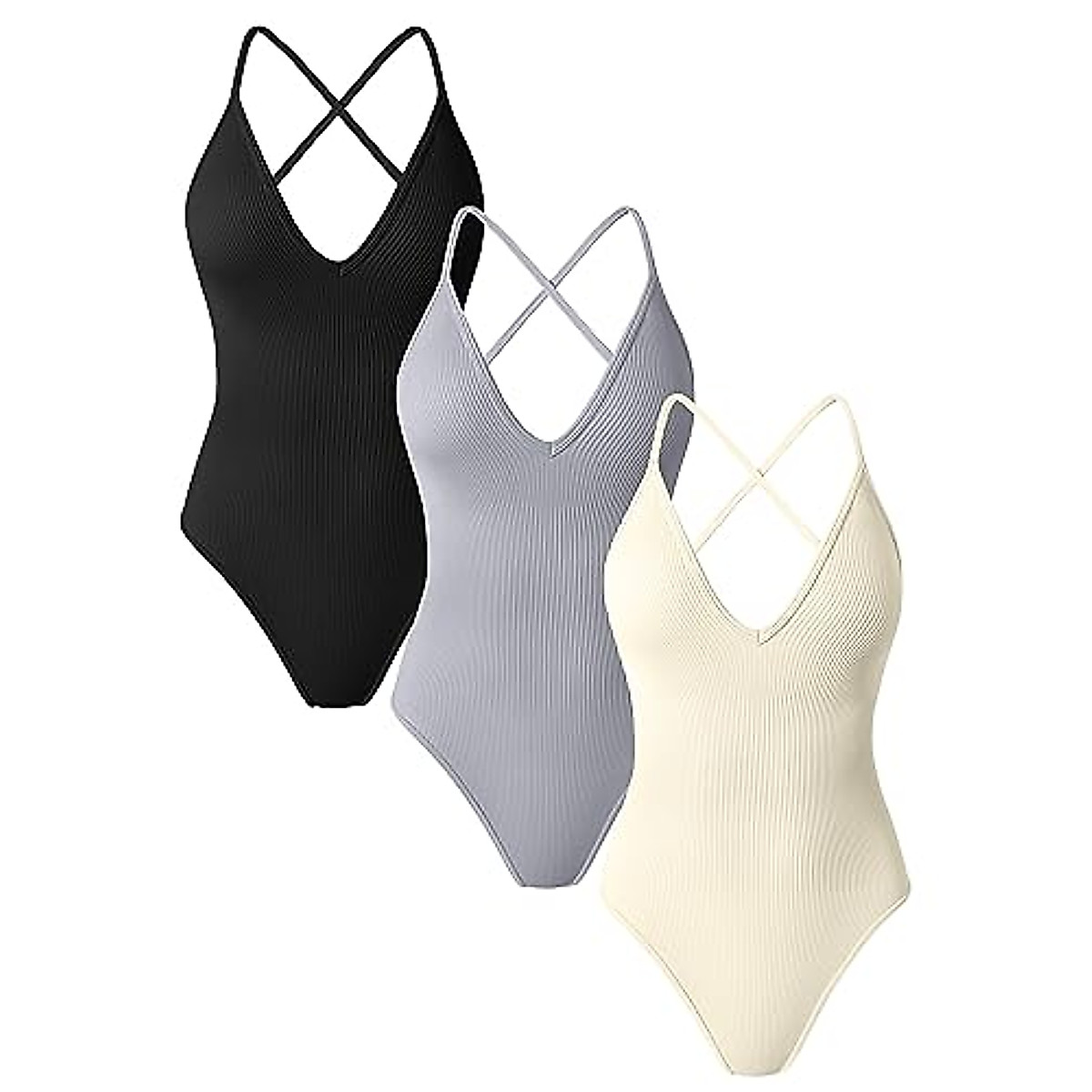 TOB Women's 3 Piece Bodysuits Sexy Ribbed V Neck Adjustable Spaghetti Strips Tops Bodysuits Black Grey Beige