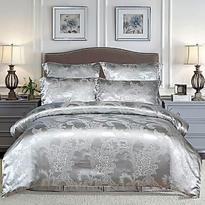 Dencalleus Bedding Satin Jacquard Comforters Covers Sets (NO Comforter) 3 Piece Floral Silk Like Luxury Duvet Cover Set Ultra Soft King Size Zipper Closure and 2 Pillow Shams Silver Grey