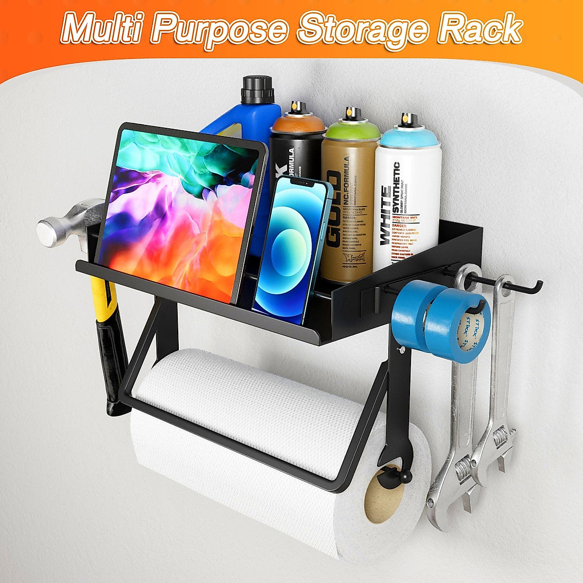 Lorbro Paper Towel Holder with Shelf, Paper Towel Holder Wall Mount One Hand Tear, Garage Organization and Storage with 4 Detachable Hooks, Holds 50 lbs, for Quick Clean Station, Shop, Workbench