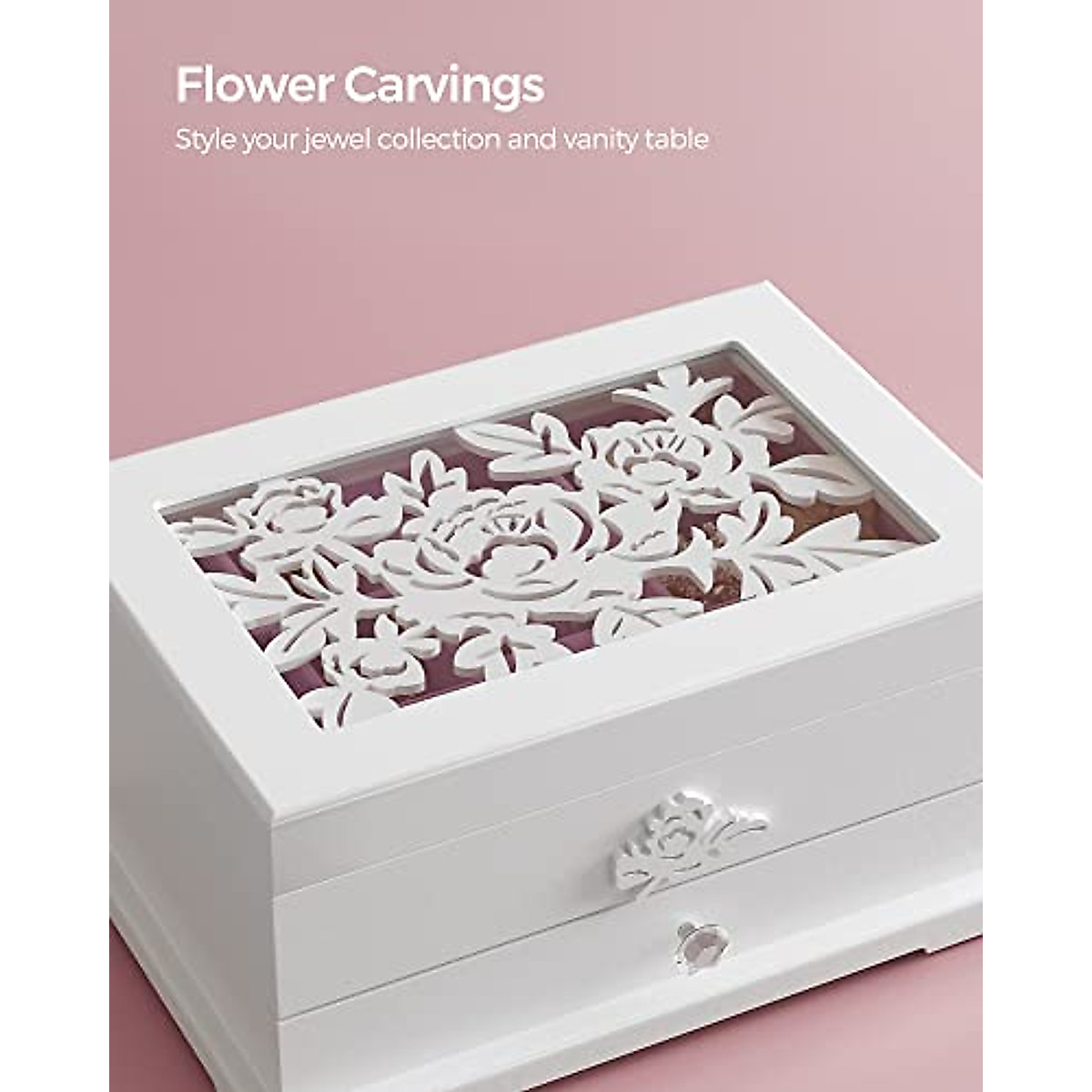 SONGMICS Jewelry Box, 2-Tier Jewelry Organizer with Flower Carvings, Drawer, Gift for Loved Ones, Kids, Jewelry Storage Case for Rings, Earrings, Necklaces, Bracelets, White UJOW201
