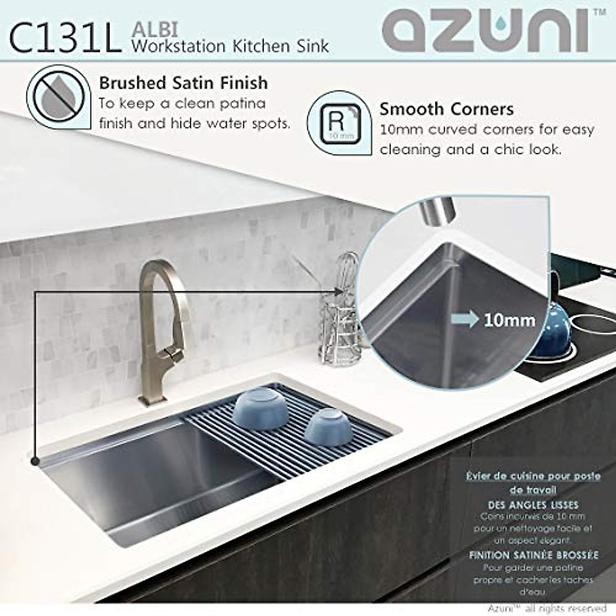 AZUNI 30 inch x 19 inch Single Bowl Undermount 16G Reversible Kitchen Ledge Workstation Sink with Grid, Luxury Basket Strainer, Drying Rack and Bamboo Cutting Board, C131L