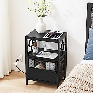MNEETRUNG End Table with Charging Station, Side Table with USB Ports and Outlets, Bedside Tables with Door, 3-Tier Nightstand for Small Space, Living Room, Bedroom, Black