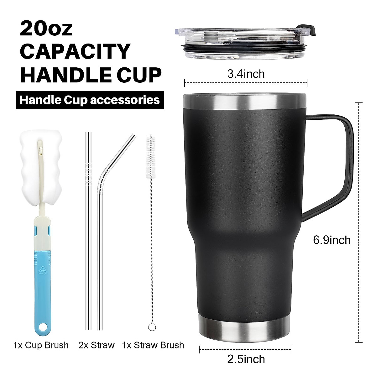 GUDEMAO 20 oz Tumbler with Handle, Stainless Steel Insulated Tumbler with Lid and Straw, Double Wall Vacuum Insulated Coffee Mug Tumbler, Insulated Coffee Thermal Cup for Cold and Hot (Black)