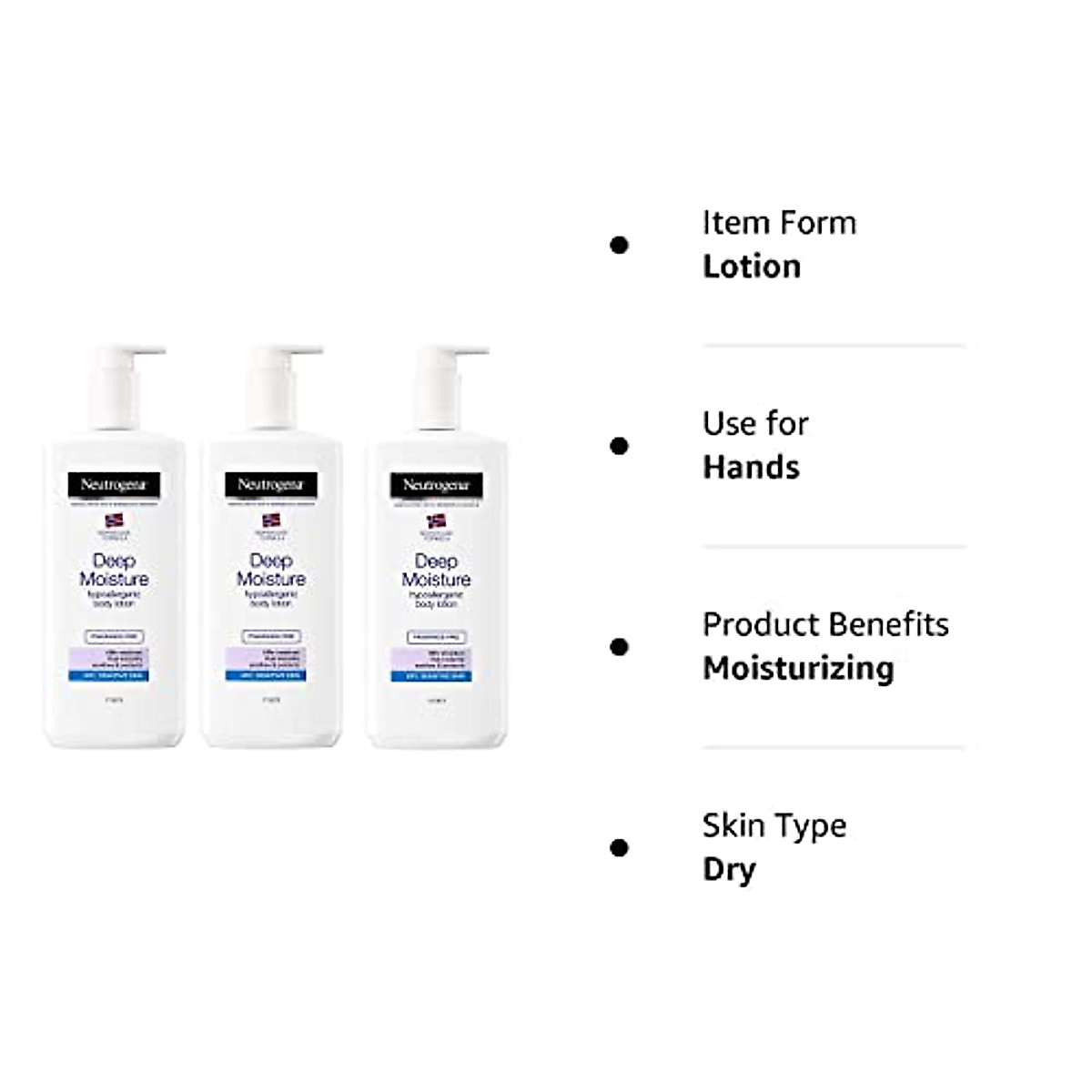 NEUTROGENA Norwegian Formula Deep Moisture Hypoallergenic Body Lotion (Pack of 3) For Dry Skin - (13.5oz or 400ml)