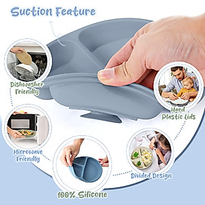 Meanplan 6 Pack Suction Plates with Lids Silicone Baby Plates Toddler Plates Divided Design Stay Put with Suction Feature BPA Free Microwave and Dishwasher Safe Assorted Colors (Elegant Colors)