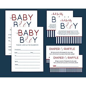 Paper Clever Party Baseball Baby Shower Invitation Bundle with Blank Invites with Envelopes for Boys Diaper Raffle Insert Bring a Book Cards Set (25 of each) Sports Theme Red and Blue Gender Reveal