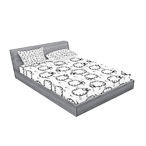 Ambesonne Funny Fitted Sheet & Pillow Sham Set, Humorous Sheep Patterns on Meadow Flower Comic Doodle Playroom Kids Art Print, Decorative Printed 3 Piece Bedding Decor Set, King, Dark Grey White