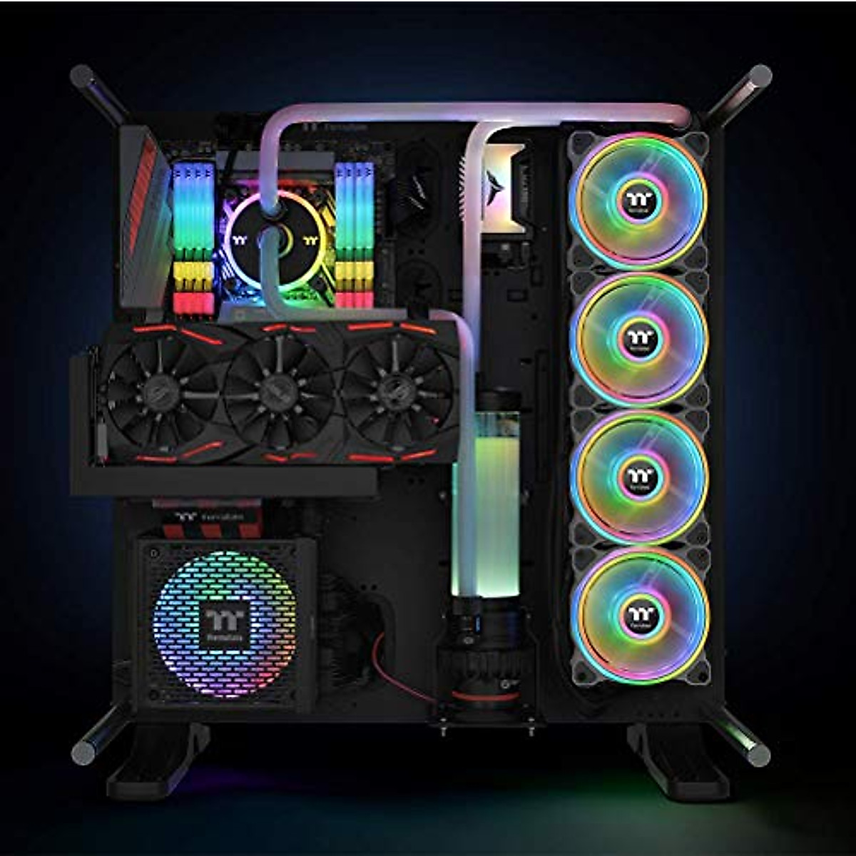 Thermaltake Riing Quad 120mm 16.8 Million RGB Color (Alexa, Razer Chroma) Software Enabled 4 Light Rings 54 Addressable LED 9 Blades Hydraulic Bearing White Case/Radiator Fan, 3 Pack, CL-F100-PL12SW-B