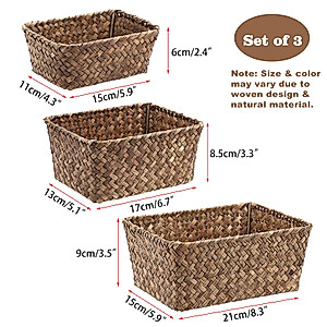 OGANAZI Small Woven Wicker Open Storage Baskets, Set of 3 Natural Seagrass Baskets Rectangular Basket Bins Woven Baskets for Shelf Closet Bedroom (Coffee)