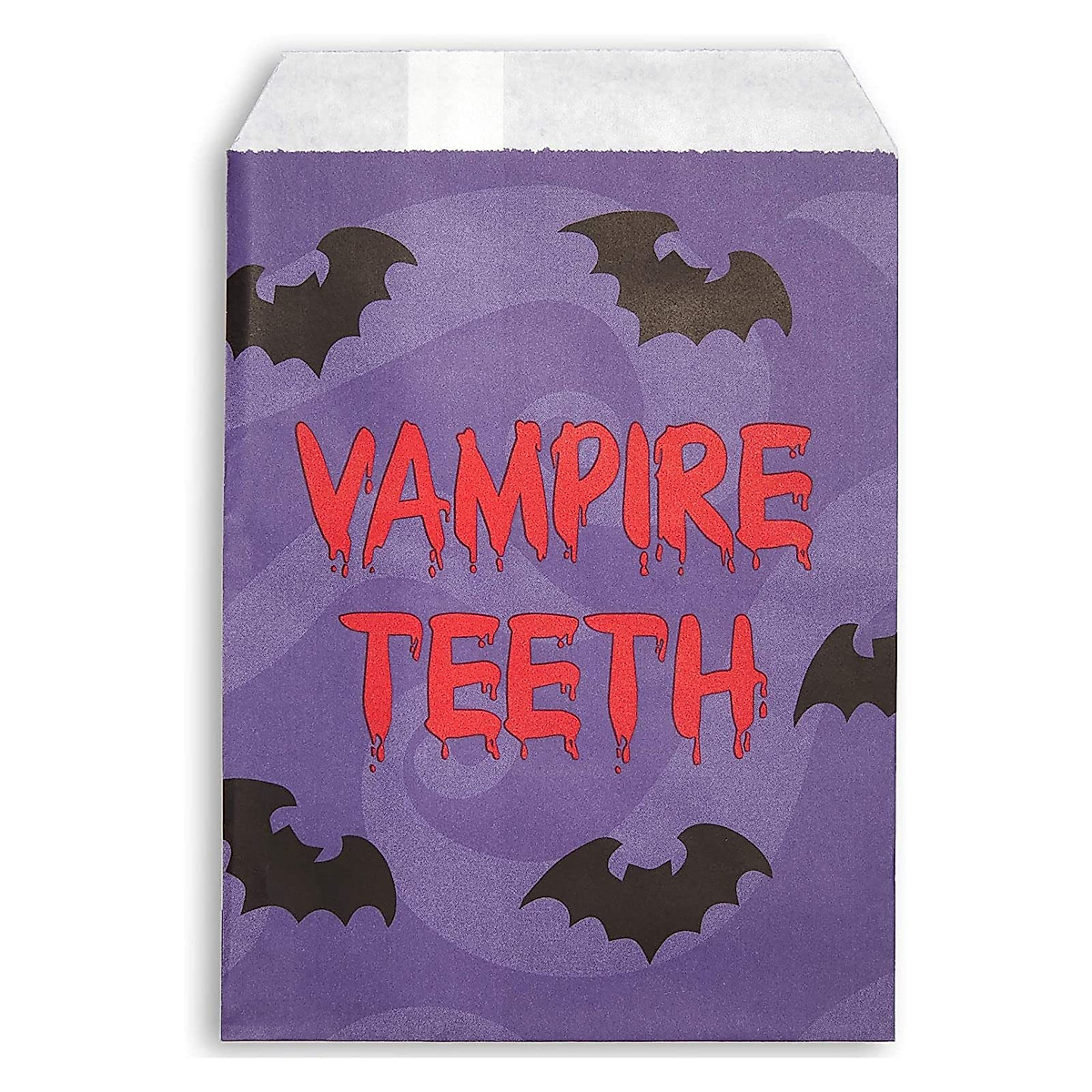 BLUE PANDA 100 Pack Halloween Paper Bags, Small Paper Halloween Treat Bags, Bulk Goody Bags for Candy, and Favors, 4 Designs, Vampire Teeth, Witch Broomsticks, Bag of Bones, Spider Eggs (8 x 5 In)