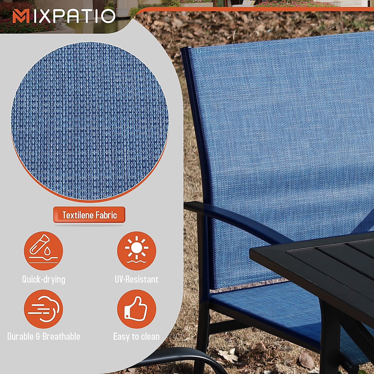 MIXPATIO Outdoor Table and Chairs, Patio Dining Sets for 6 with Blue Chairs and Metal Rectangular Table for Deck Backyard Lawn Poolside