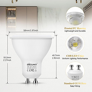 DiCUNO GU10 LED Bulbs 5W Daylight White, 6000K, 500lm, 45 Degree Beam Angle, Spotlight, 50W Halogen Bulbs Equivalent, Non-dimmable MR16 LED Light Bulbs, 6-Pack