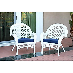 Jeco Wicker Chair with Blue Cushion, Set of 2, White/W00209-