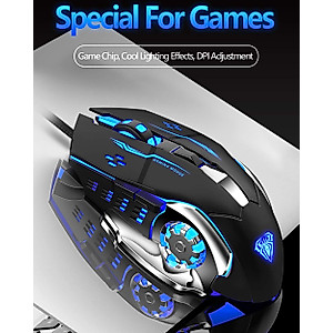 Gaming Mouse, Ergonomic USB Wired Gaming Optical Mice with 6 Programmable Buttons and 4 Colors LED Backlight, 4 DPI Settings Up to 2400 DPI Computer Mouse for Laptop PC Games & Work(Black)