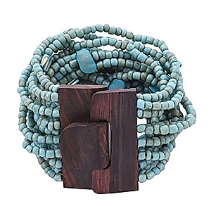 Shop LC Handmade Green Seed Bead Boho Costume Jewelry Set for Women Stretchable Beaded Bracelet Statement Necklace Multi Strand Layered Wooden Buckle Clasp Size 18" & 6.5" to 7.5" Birthday Gifts