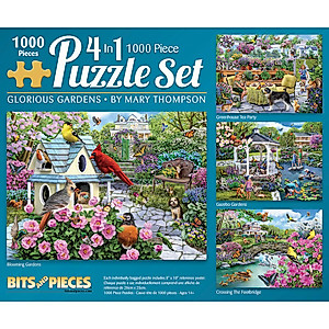Bits and Pieces – 4-in-1 Multi-Pack 1000 Piece Jigsaw Puzzles for Adults – Glorious Gardens by Artist Mary Thompson, Completed Puzzle Size: 20" x 27"