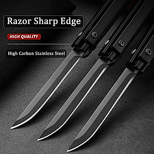 2 Piece Slim Pocket Knife, Slim EDC Knife with Leather Case, Folding Knife with Glass Breaker for Home Using, Outdoor Camping, Fishing, Hunting, Black