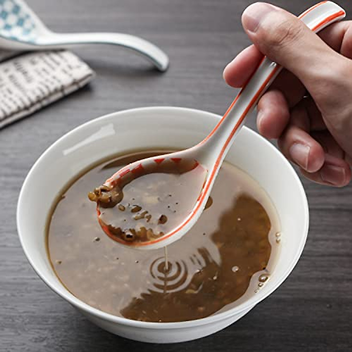 Porcelain Soup Spoons Asian Soup Spoon Set of 4 Large Chinese Soup Spoon Curved Handle Korean Ramen Spoons for Pho Ramen Noodles Wonton Dumpling Rice (Model 3#)