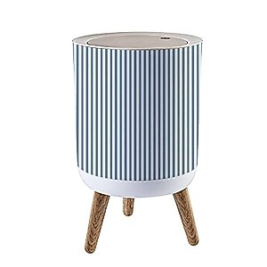 Small Trash Can with Lid Blue Seersucker Chambray Pinstripe Texture Classic Preppy Shirting Garbage Bin Wood Waste Bin Press Cover Round Wastebasket for Bathroom Bedroom Diaper Office Kitchen
