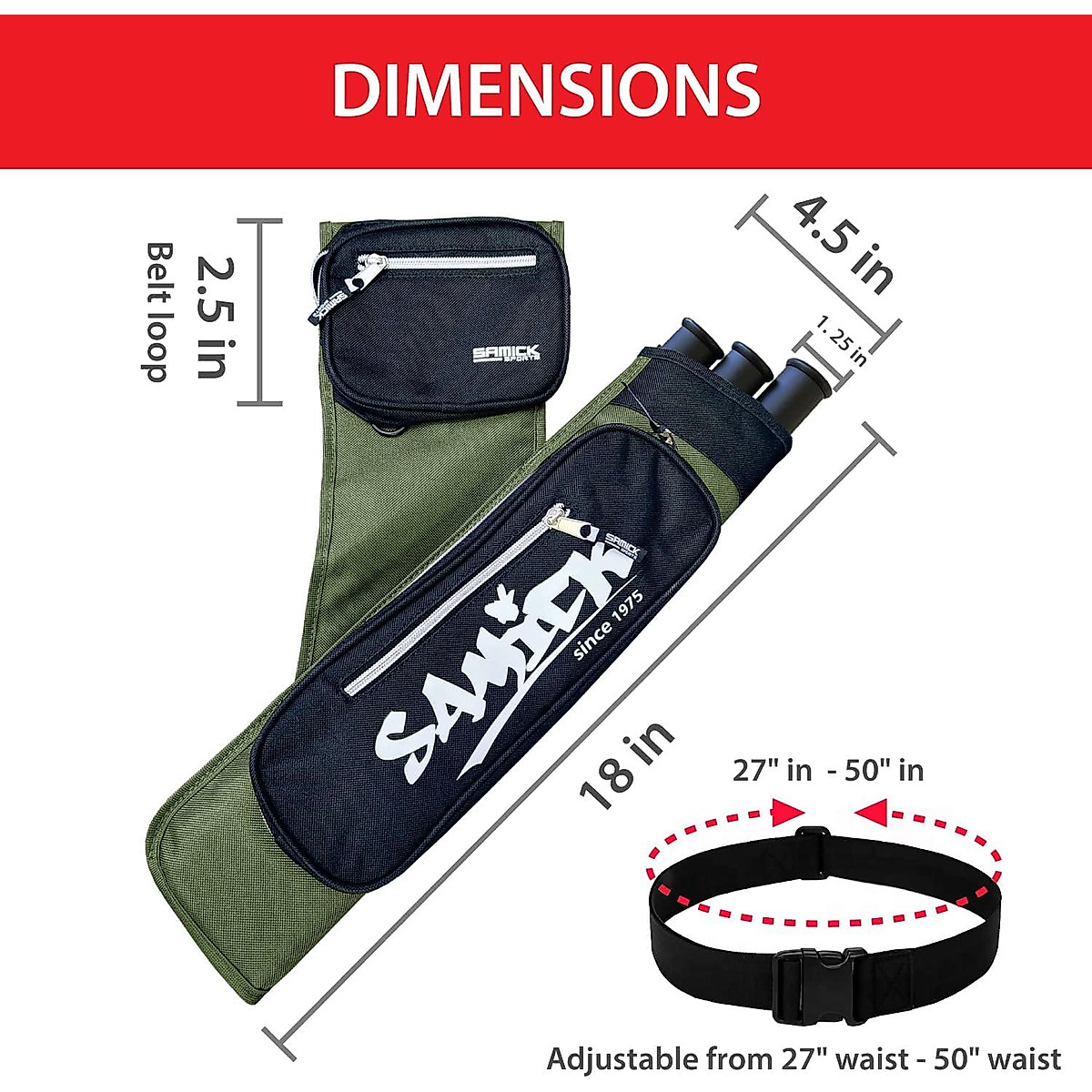 SAMICK SPORTS Archery Arrow Quiver - Adjustable Waist Hanged Quiver with 3 Removable Tubes & Pockets for Archery Arrows Case & Equipment - Ideal for Hunting & Target Practice - Right Handed Only