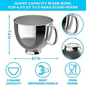 Stainless Steel Bowl for KitchenAid 4.5-5QT Tilt-Head Mixer with Pouring Shield, Mixing Bowl for Kitchenaid Stand Mixer, Metal Mixing Bowls Stainless Steel by Hozodo