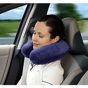 TravelMate Memory Foam Neck Pillow - Adjustable Thickness for Best Comfort, Dark Blue