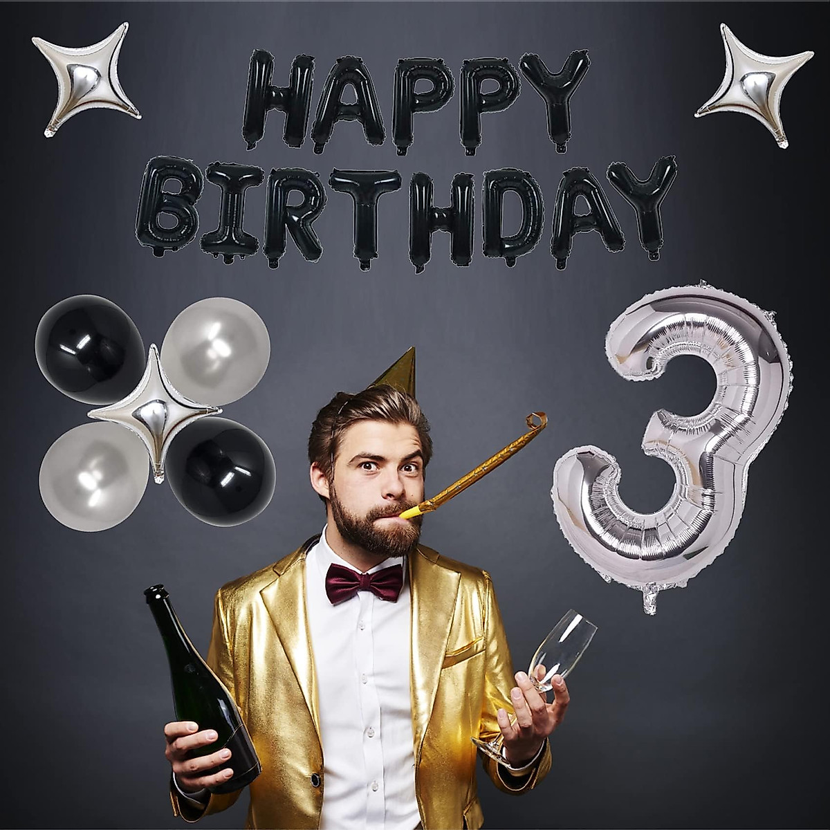 NANINUNENO 14th Black Silver Birthday Party Decorations for Boys Girls, Happy 14 Birthday Party Supplies with Black Happy Birthday Banner, Silver Foil Stars, Happy Birthday Balloons for 14th Birthday