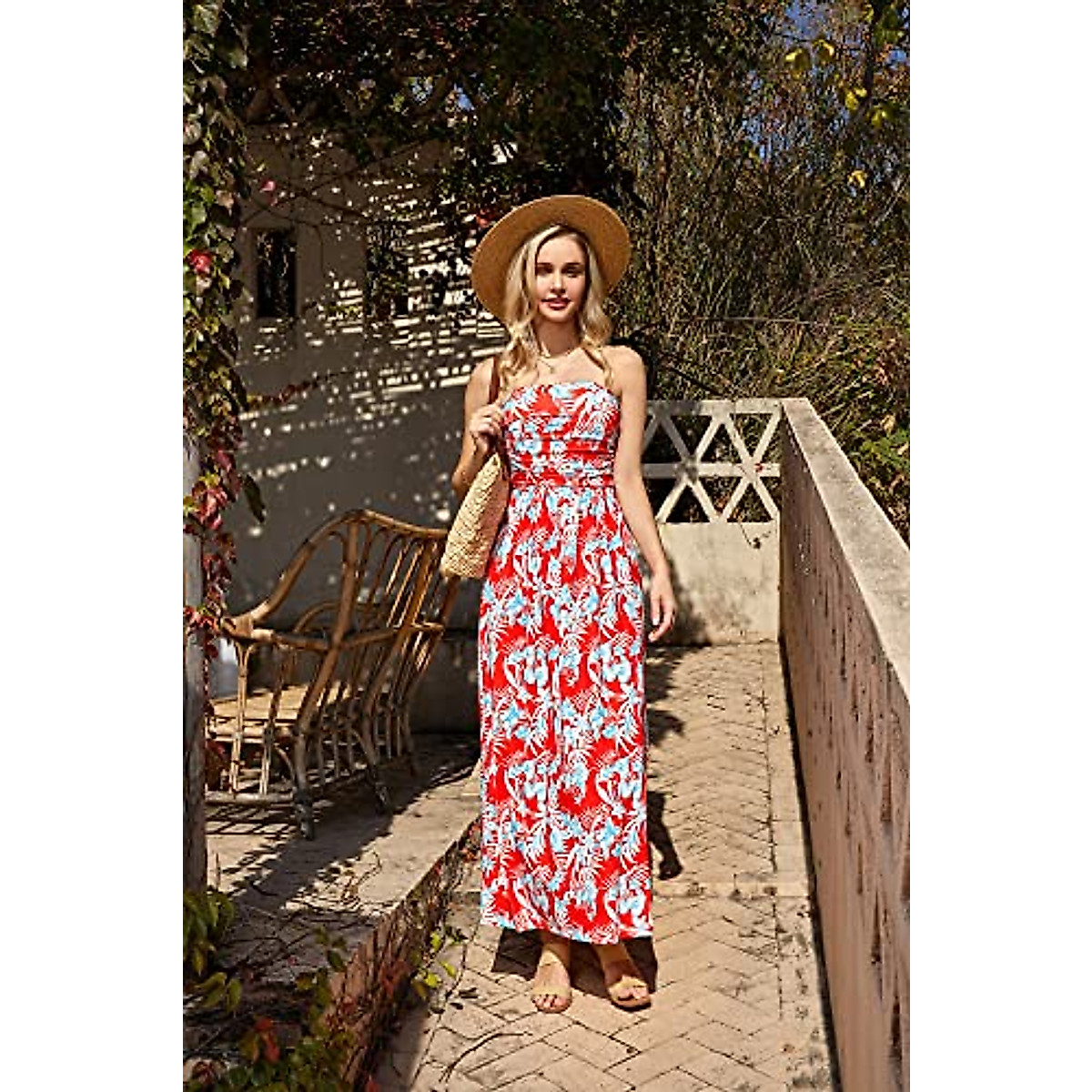 GRACE KARIN Women Strapless Casual Loose Ruched Long Maxi Dress with Pockets Blue White