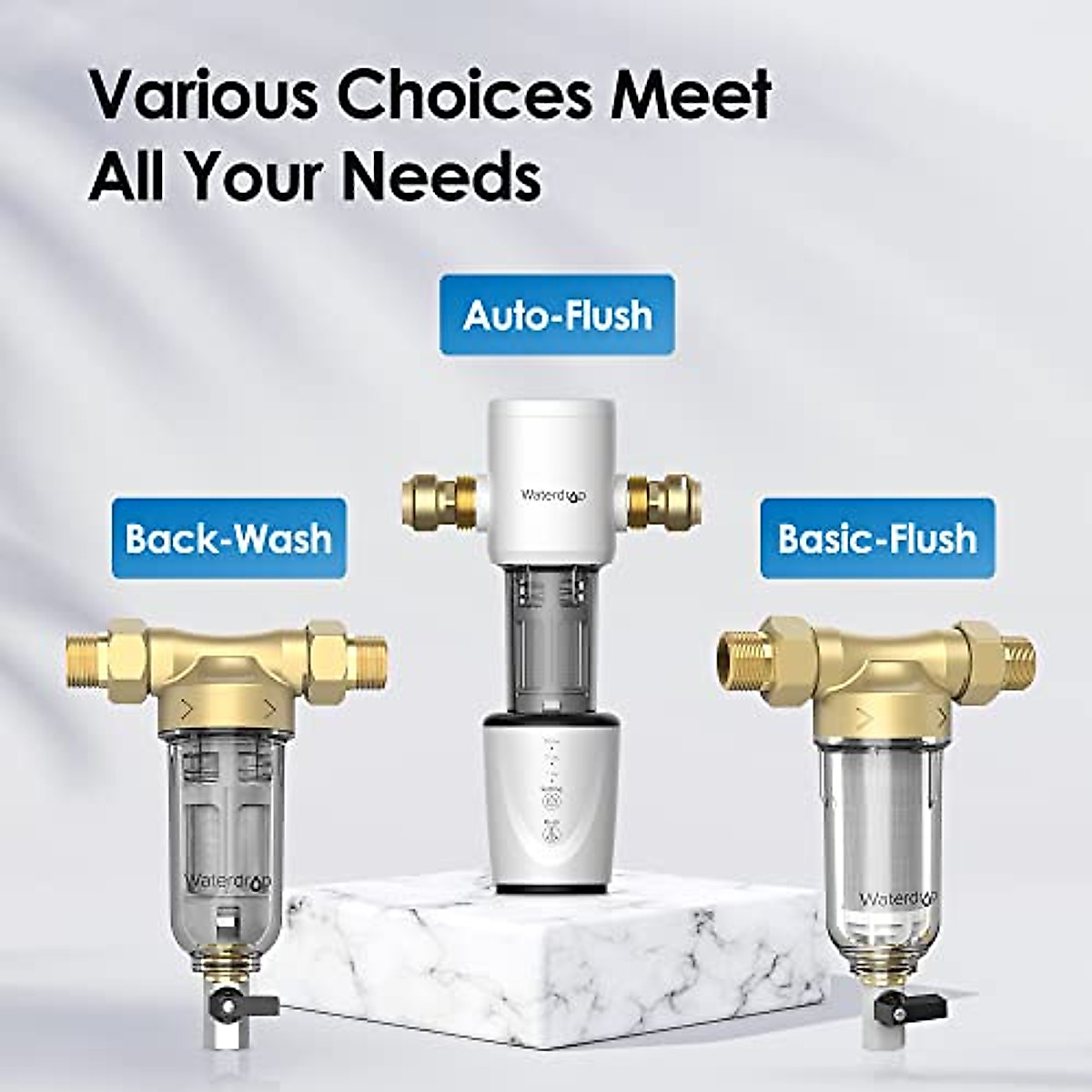 Waterdrop Spin Down Sediment Filter, Backwash Whole House Water Filter System for Well Water, 40-50 Micron, 1" MNPT + 3/4" FNPT + 3/4"MNPT, Traps Sand, BPA Free, WD-RPFK