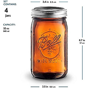 Ball WIDE MOUTH Quart (32 oz.) Glass Food Preserving Pickling Canning Mason Jar with Lid and Band, Clear, 12-Count (Packaging May Vary) (Amber)