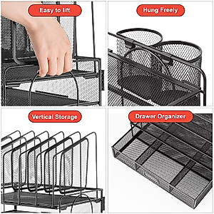 Marbrasse Desk Organizer with Drawer, 4-Tier Mesh Desk File Organizer with 5 Vertical File Holders and 2 Pen Holders, Multifunction Desktop Organizer,Desk Organizers and Accessories for Home Office