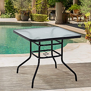 FDW Bistro, Outdoor Dining Square Tempered Glass Patio Table with Umbrella Hole for Lawn Balcony Yard, Black