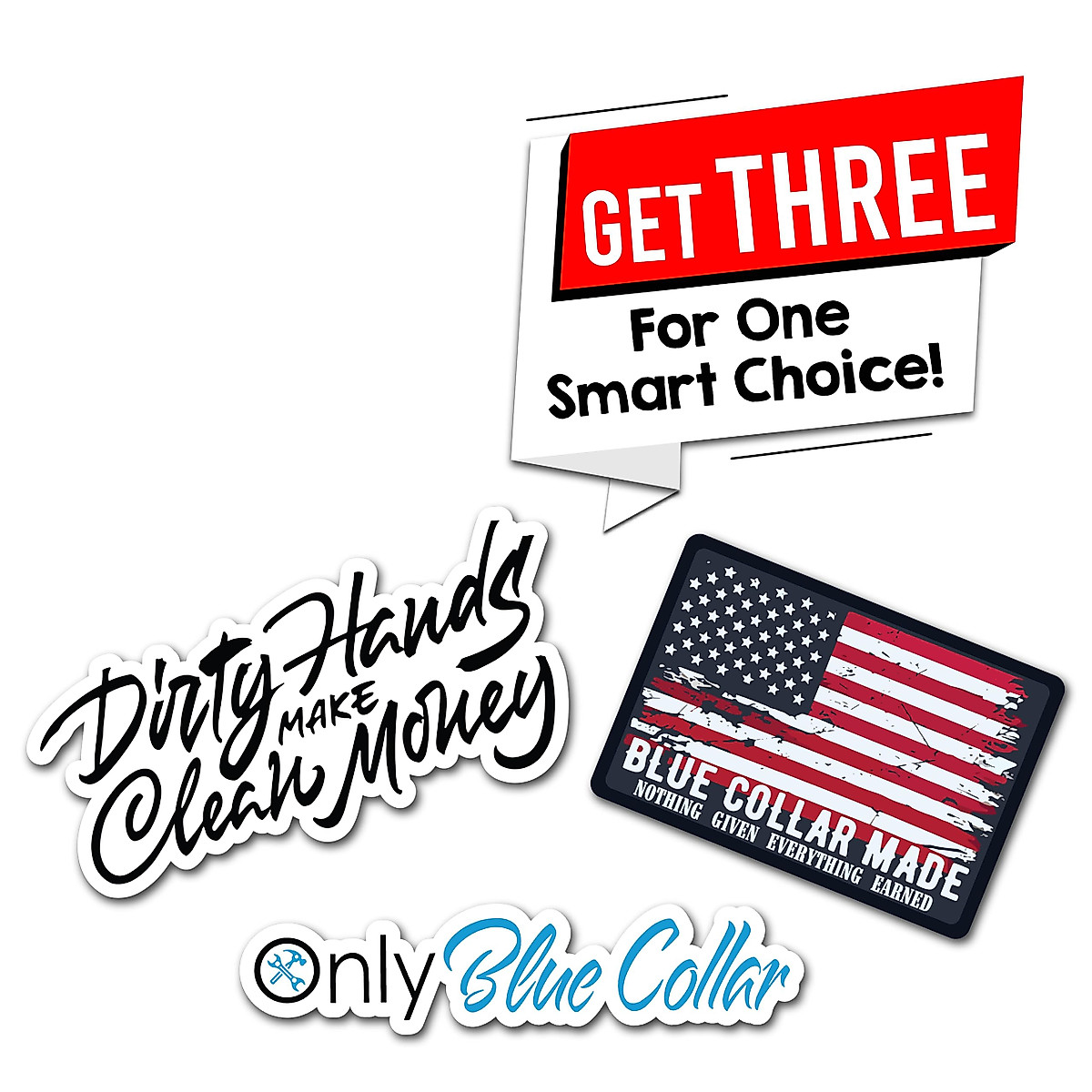 Sticky Expressions | Only Blue Collar, Dirty Hands Clean Money Sticker & American Flag Hard Hat Stickers for Men (3 Pcs) – Durable, Waterproof Hard Hat Stickers for Men.
