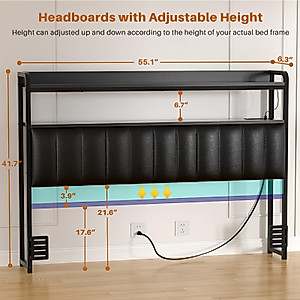 Aheaplus Headboard for Full Size Bed Frame, Upholstered Headboards with Outlets, USB Ports and LED Light, Leather Head Board with Storage, Height Adjustable, Comfortable Headboard, Full Size, Black