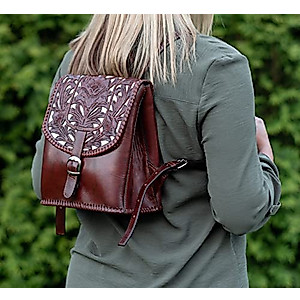 Mauzari Edessa Women's Tooled Leather Backpack Purse - Petite Sized & Organized (Koa)