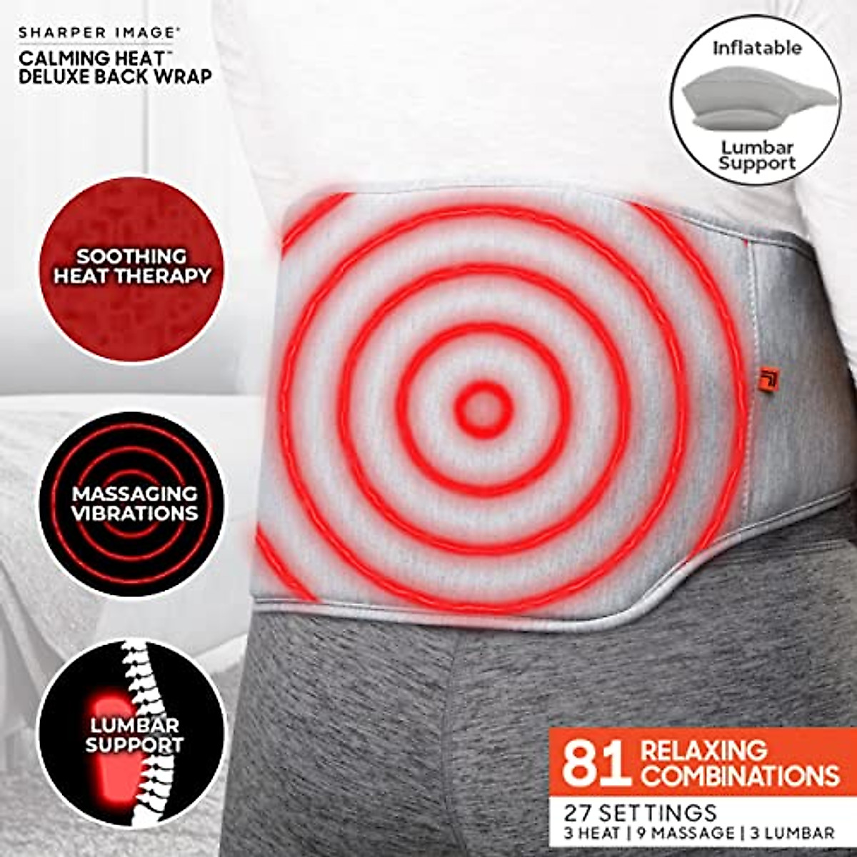 Calming Heat Back Wrap Deluxe by Sharper Image- Electric Back Heating Pad with Customizable Inflatable Lumbar Support, Soothing Heat, & Massaging Vibrations- 27 Settings 3 Heat, 9 Vibration, 3 Lumbar
