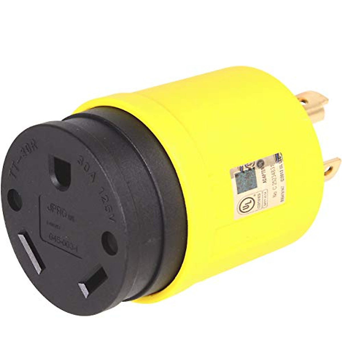 Journeyman-Pro RV Power Cord Adapter 125/250 VAC 30 Amp Male to Female TT-30/L5-30/L14-30 - 3 to 4 Prong Generator Electrical Plug Converter (L5-30P MALE to TT-30R FEMALE)
