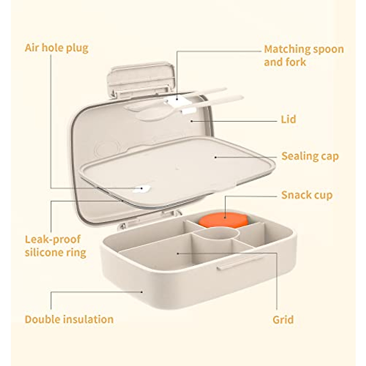 ANDMOON Bento Lunch Box with Kids/Adults, 5 Compartments Leakproof Lunch Container with Dressing Cup, Eco-Friendly Double Insulated Boxes, Dishwasher and Microwave Safe, BPA-Free (white)