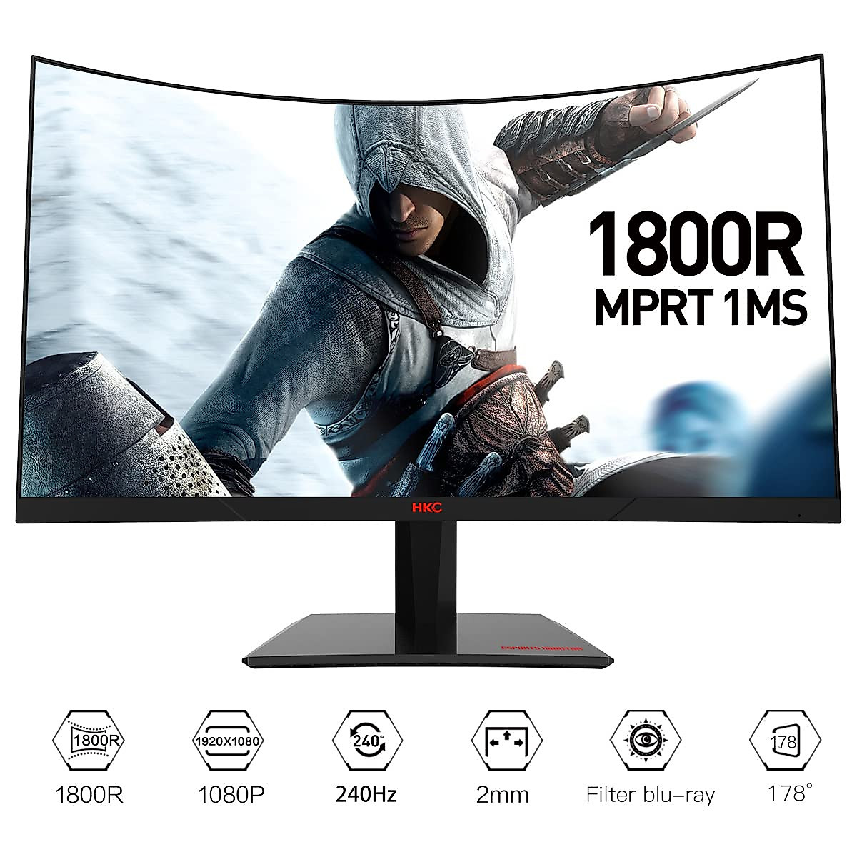 HKC 27'' Curved 240Hz（Support 144Hz Frameless FHD 1ms Gaming Monitor Free sync 1800R 1080P Eyes-Cared HDMI DP Cable
