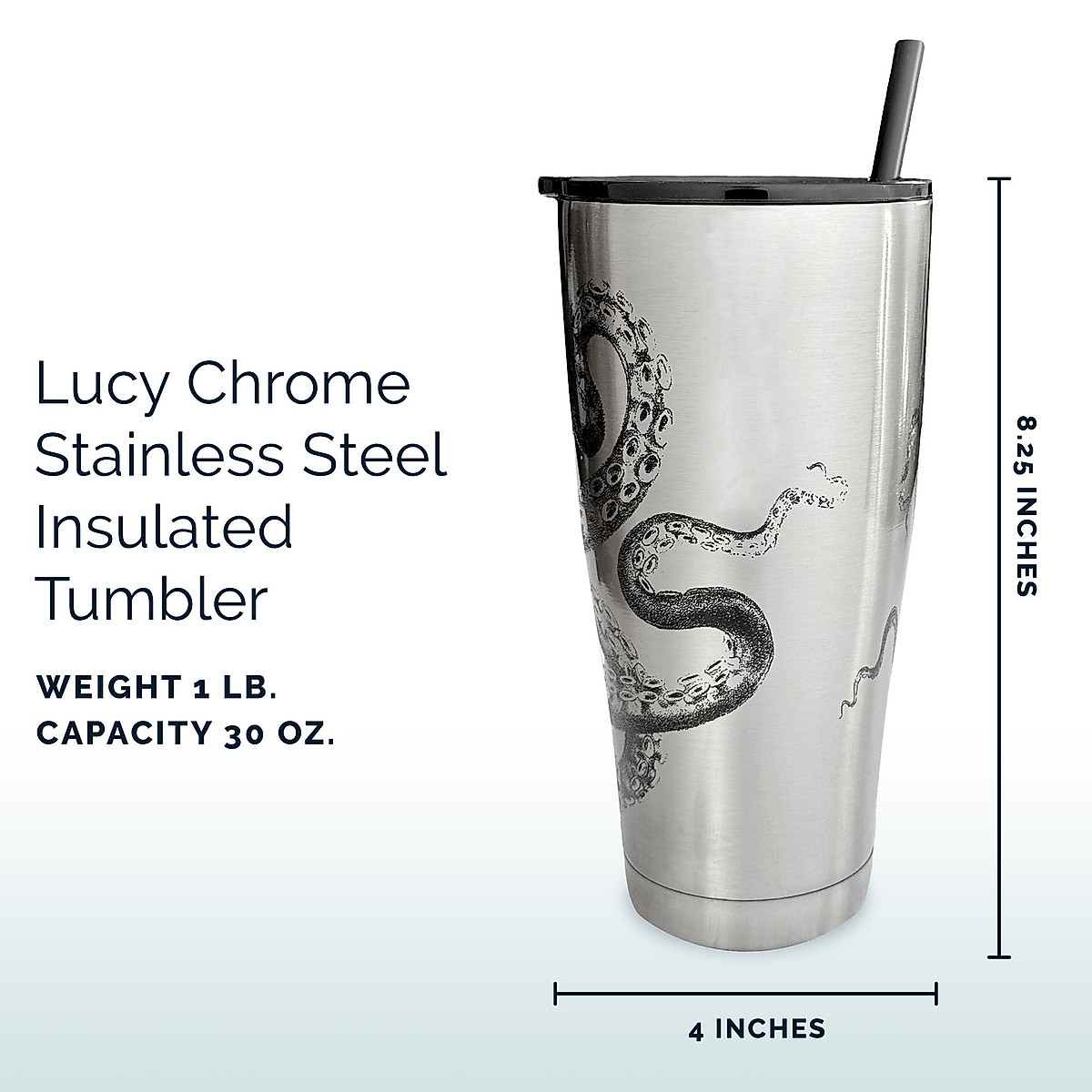 Caskata Lucy the Octopus Stainless Steel Insulated Tumbler | Cup, Lid & Straw Set for Travel, Commuting, & School | Perfect for Birthday, Christmas & Holiday Gifts | Black on Chrome Color | 30 oz