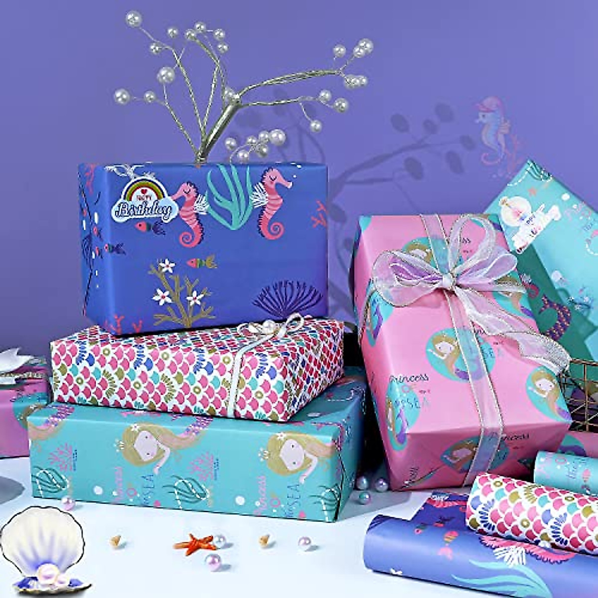 MAMUNU Gift Wrapping Paper Set Girls, 8 Sheets Mermaid Wrapping Paper with Stickers, Colorful Pink Kraft Wrapping Paper for Girls Women Kids Birthday Baby Shower Holiday Party, 20x27 Inch Per Sheet