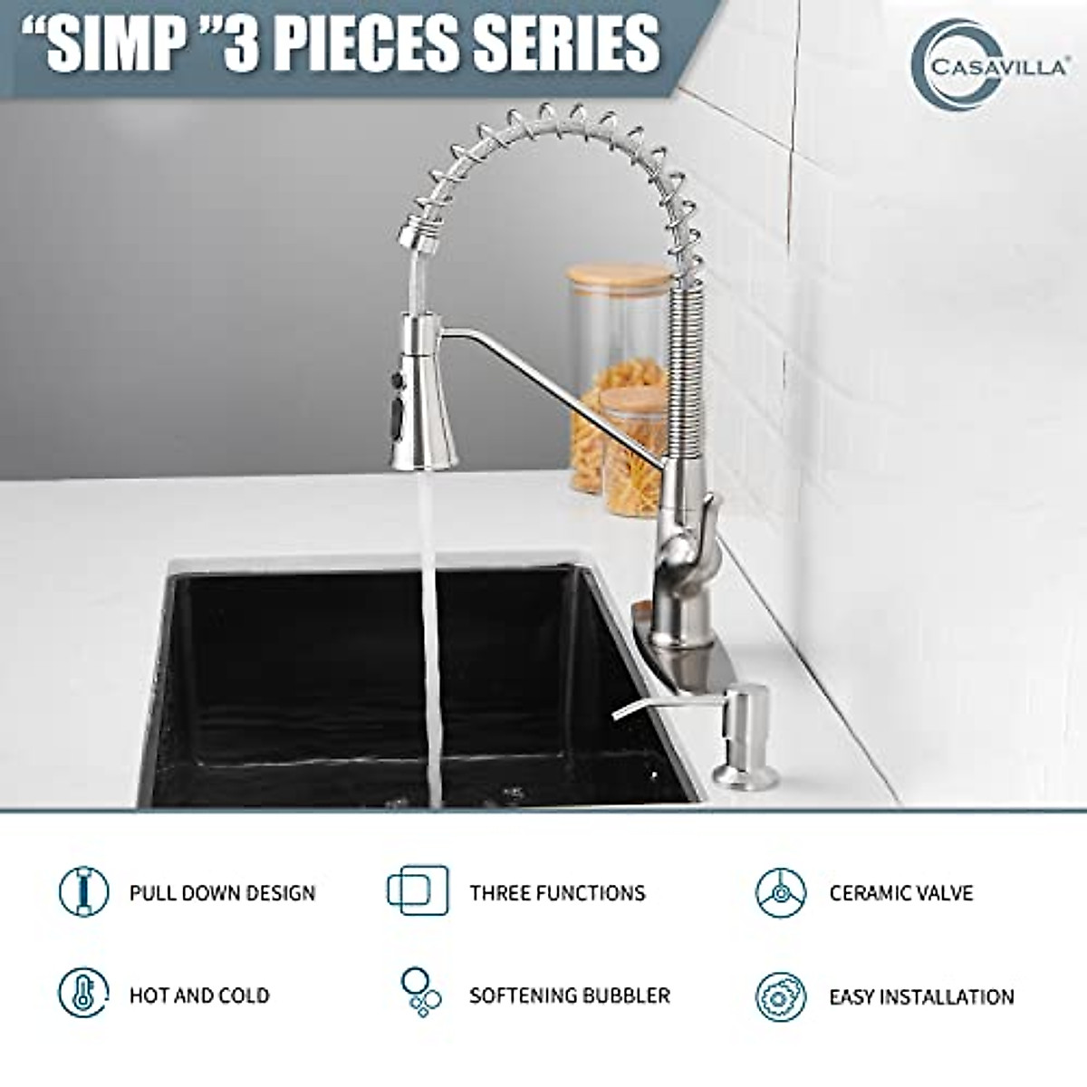 Kitchen Faucet with Soap Dispenser,Single Handle Faucet for Camper Farmhouse RV Kitchen Sink,Spring Kitchen Sink Faucets with Pull Down Sprayer and Deck Plate,Three-Function Spray Head, Brushed Nickel