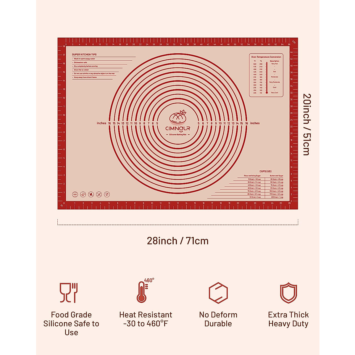 28x20 Inch Extra Large Silicone Pastry Mats for Rolling Dough Non Slip-Silicone Dough Mat for Counter, Large Silicone Baking Mat, Reusable with Measurements - For Cookies, Bread, Pizza, Fondant, etc.