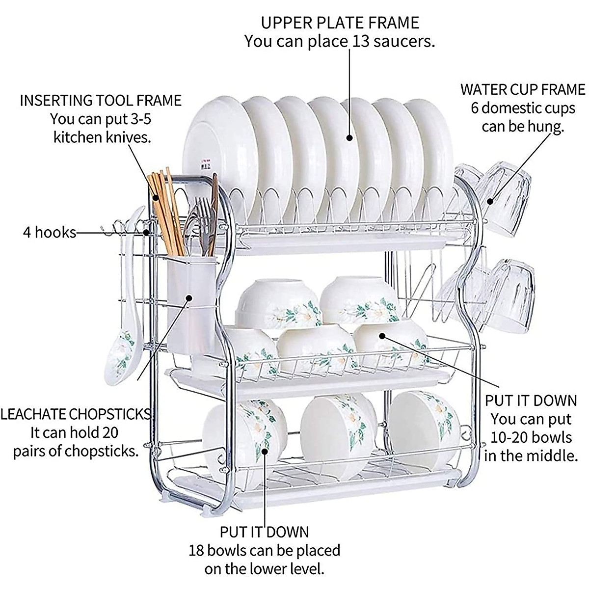 Plate Rack Draining Dish Rack 3 Tier Dish Drainer Rack Holder Dish Drying Rack Plate Dish Cup Cutlery Drainer Rack Plates Holder Pan Plate Holder