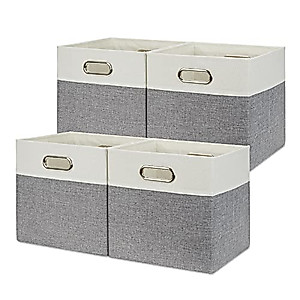 Temary Cube Storage Bins 11x11 Storage Cubes Organizers Bins with Handles, Set of 4 Foldable Storage Baskets for Shelves, Decorative Fabric Storage Boxes for Home, Office (White&Grey)
