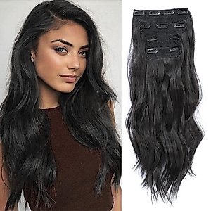 4PCS Clip in Hair Extensions 20Inch Black Hair Extensions Long Wavy Hair Extensions Clip ins Synthetic Thick Hair Piece for Women(Black)