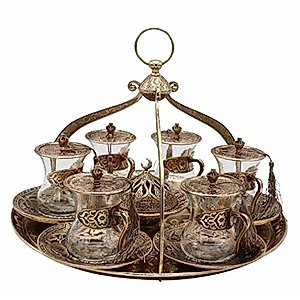 Traditional Ottoman Style Turkish Tea Set for 6 with a Middle Eastern Bazaar Style Tray (Antique Gold)