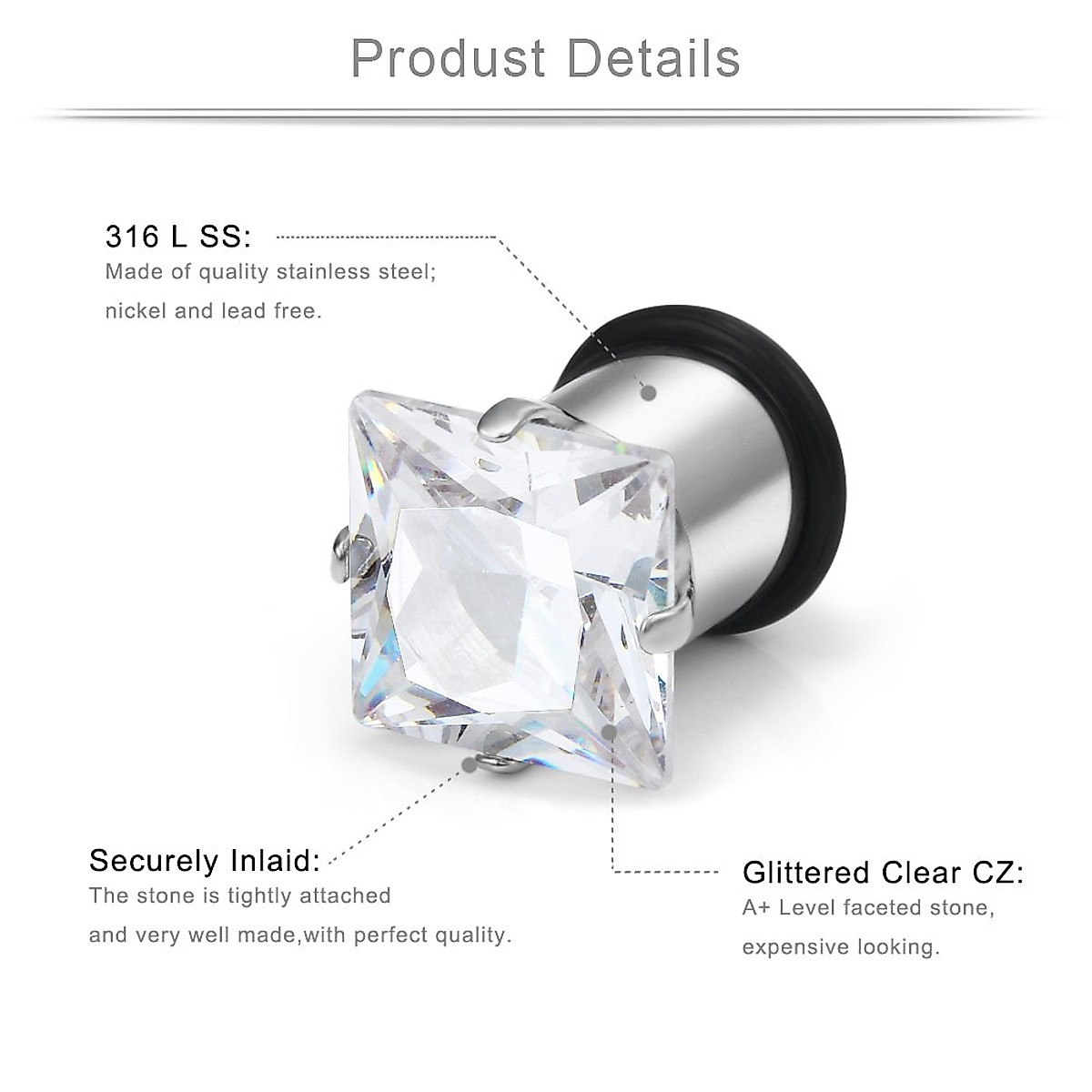 Ruifan 316L Surgical Steel Single Flare Prong Set Clear Square CZ Ear Stretcher Expander Plugs Piercing Gauge with O-Ring 0G(8mm)- Sold As a Pair